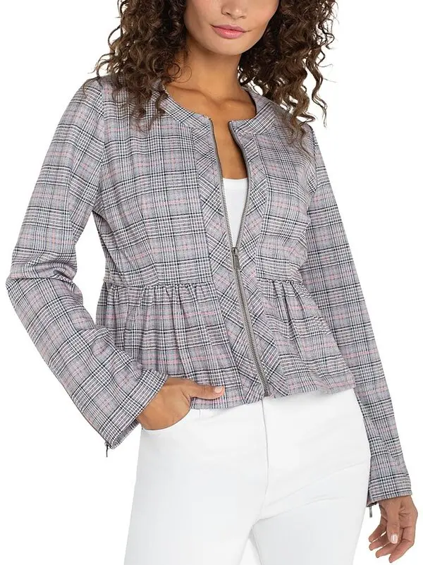 LIVERPOOL Plaid Peplum Jacket - Grey Blush Plaid