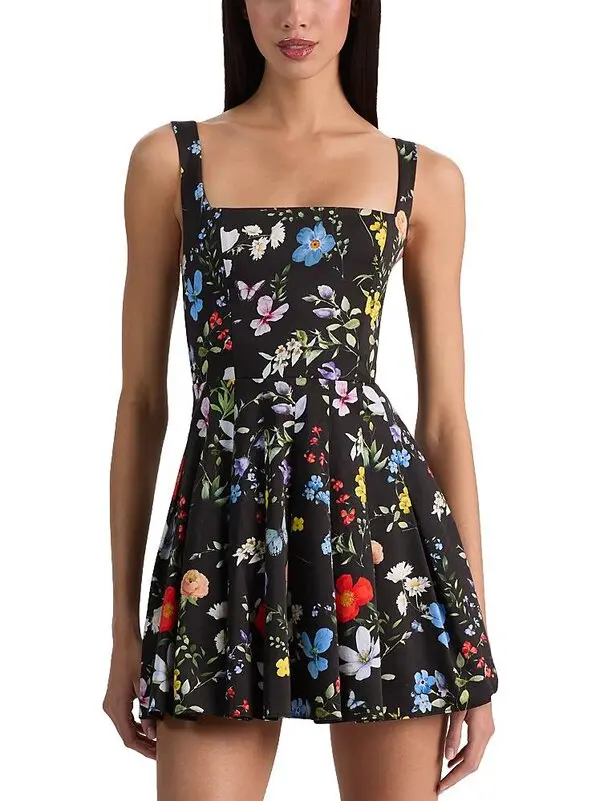 Alice + Olivia Veda Square Neck Floral Print Pleated Dress - Twisted Vines Black