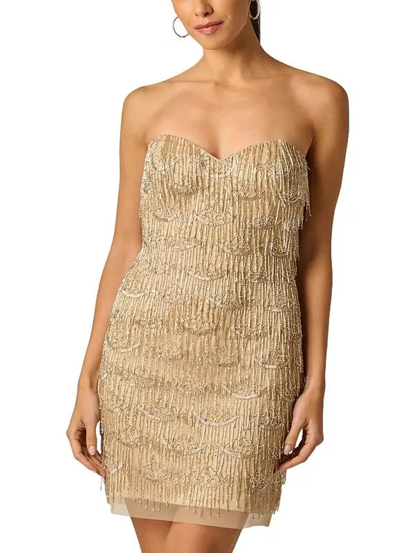 Adrianna Papell Beaded Strapless Mini Dress - Light Gold