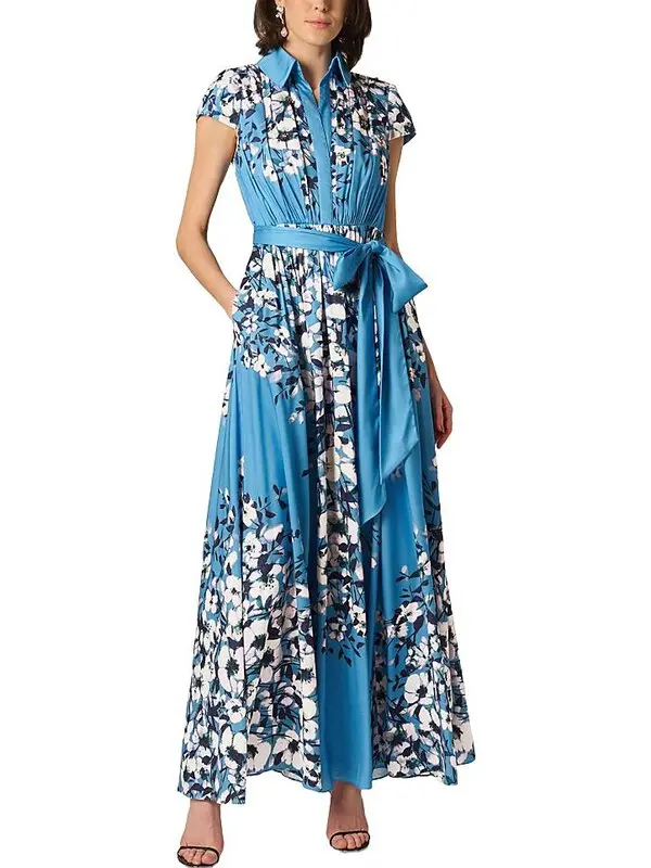 Aidan Mattox Printed Chiffon Long Dress - Blue Multi