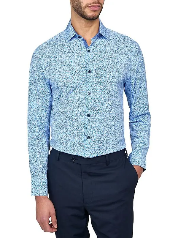 WRK Slim Fit Floral Performance Dress Shirt - White/ Blue