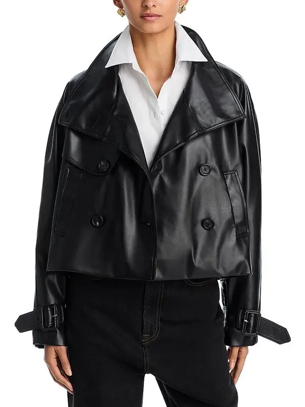 Aqua Faux Leather Cropped Trench Coat - Black