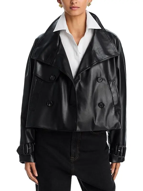 Aqua Faux Leather Cropped Trench Coat - Black