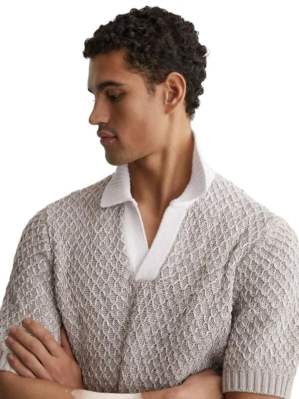 REISS Cole Stitch-detail Open-collar Knit Polo Shirt - Soft Grey