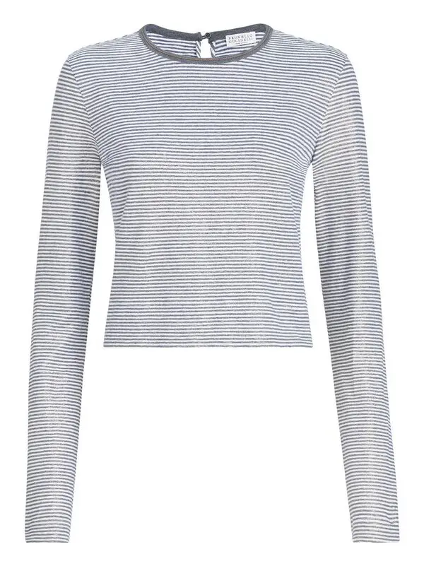 Brunello Cucinelli Striped Jersey Top With Monili - Blue