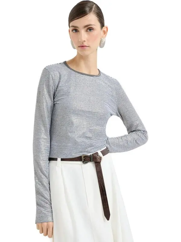 Brunello Cucinelli Striped Jersey Top With Monili - Blue