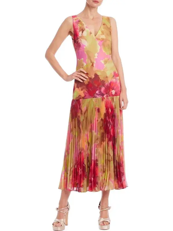 Badgley Mischka Floral Pleated Cocktail Dress - Pink Multi