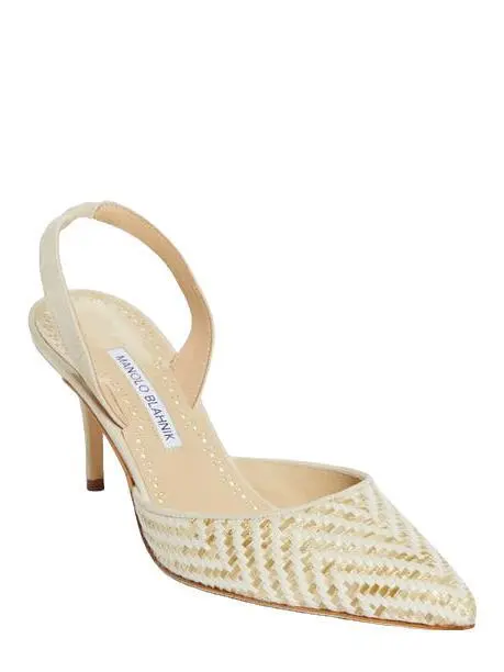 Manolo Blahnik Carolyne Woven Raffia Slingback Pumps - Cream Multi