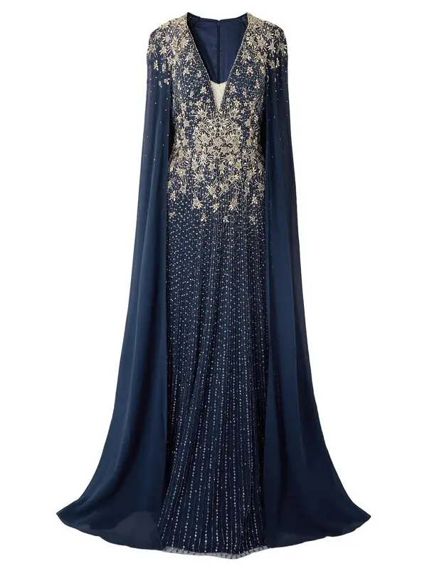 Jenny Packham Celeste Cape-effect Embellished Tulle Gown - Blue