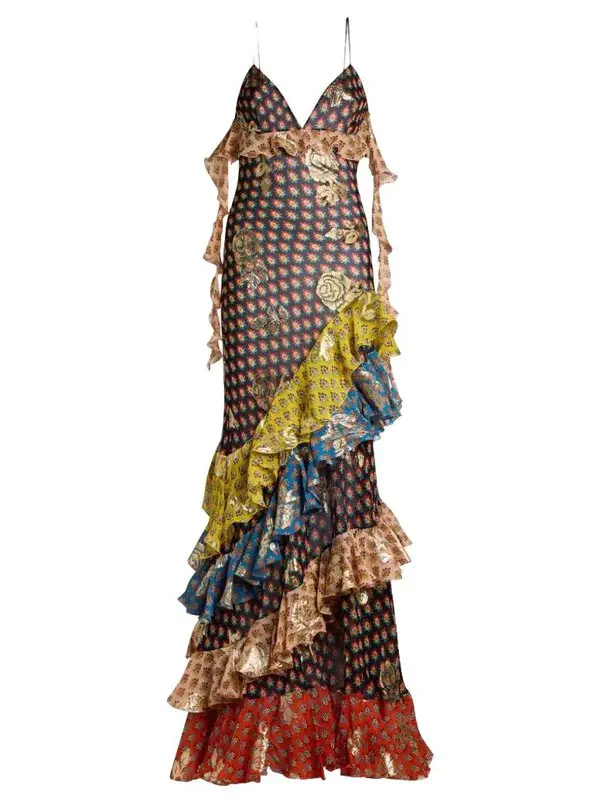 Etro Long Silk Dress With Fil Coupé Roses And Tie-inspired Motif - Black