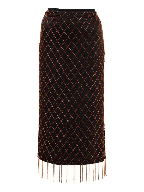 ZANKOV Fringed Silk Midi Skirt - Black
