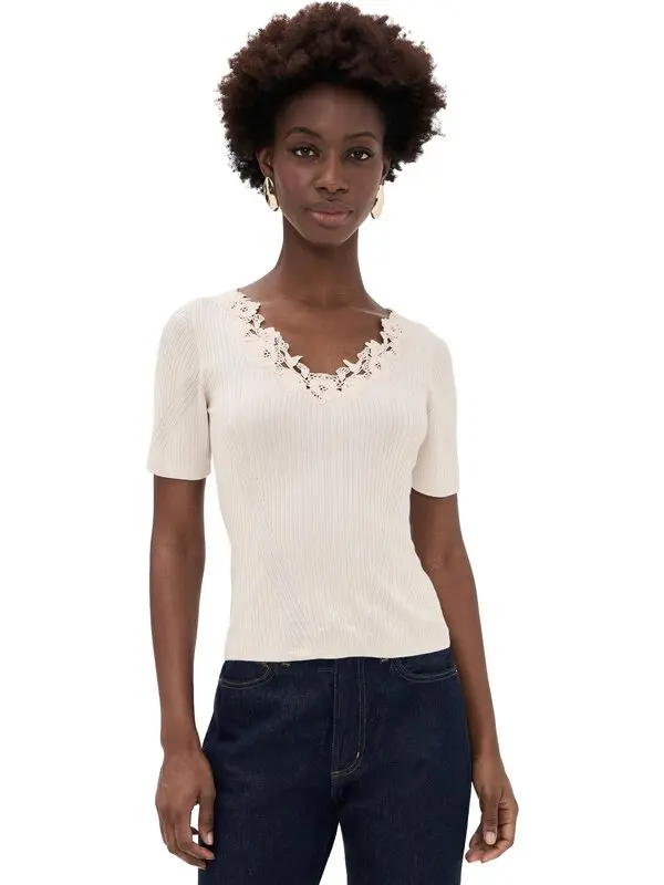 Ulla Johnson Celeste Short Sleeve Knit Top With Lace - Pearled Ivory