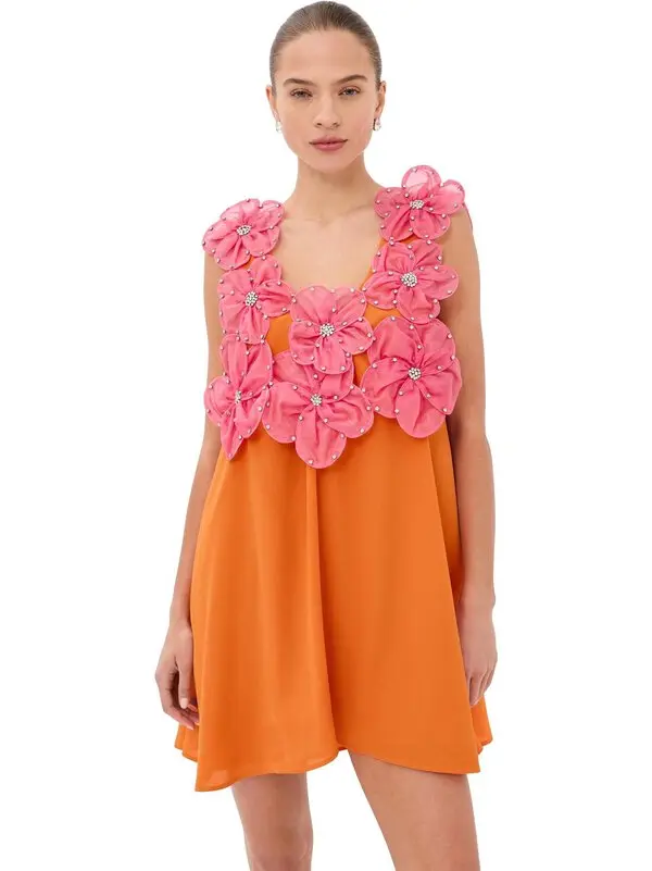 La Vie Style House 3d Jewel Floral Mini Swing Dress - Orange & Pink
