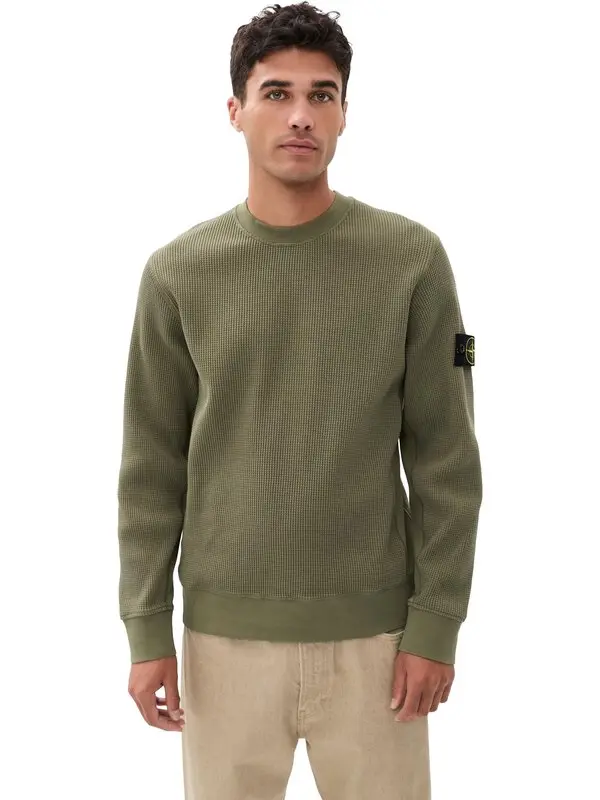 Stone Island Cotton Waffle Crewneck Sweatshirt - Military Green