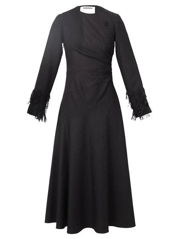 CHORUS Robin Midi Dress With Pin Stripes And Fringe Detail - Black