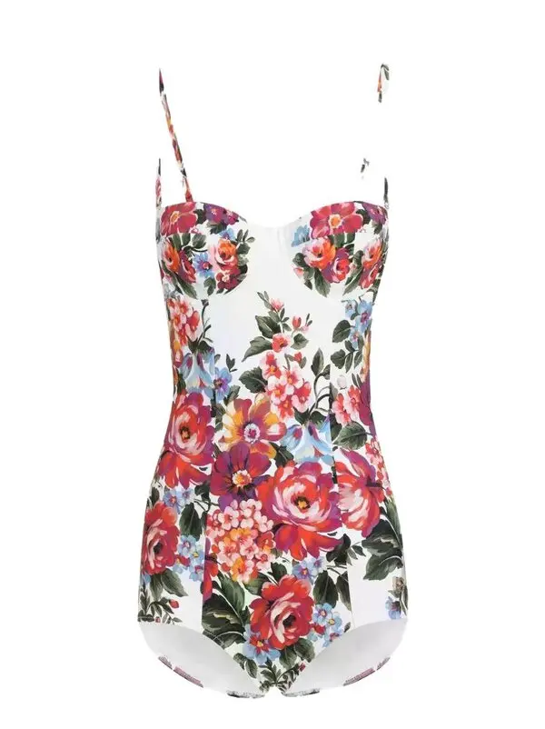 Dolce & Gabbana Flower Bouquet-print Balconette One-piece Swimsuit - White