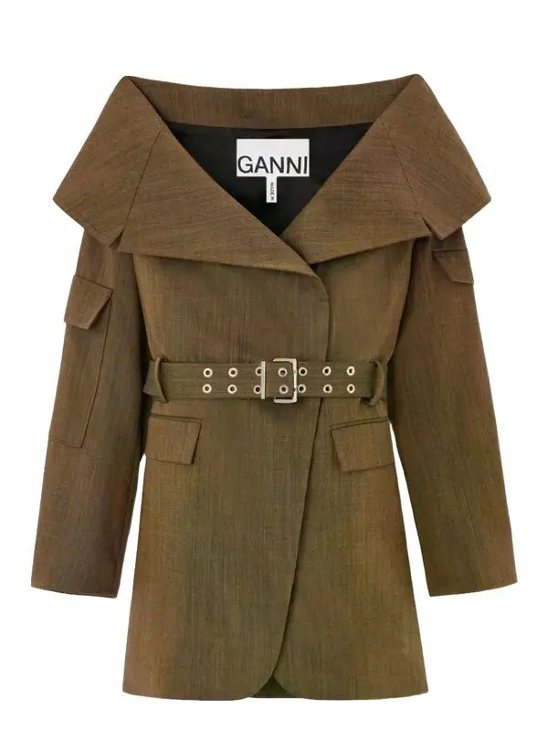 GANNI Belted Wide-collar Jacket - Brown