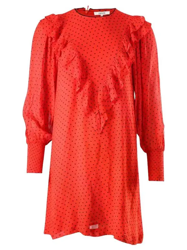 GANNI Polka Dot Ruffled Dress - Red