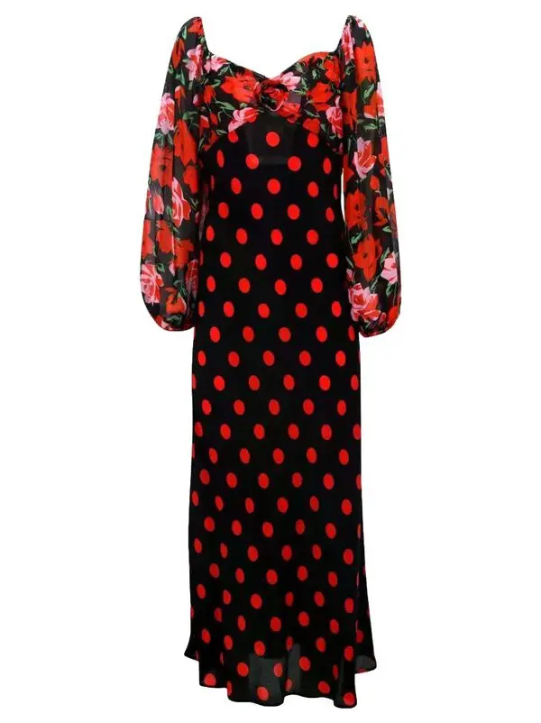 Rixo Polka-dot & Floral Print Midi Dress - Black