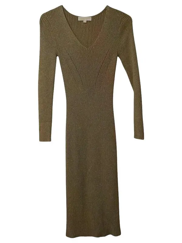 Michael Kors Vintage Ribbed V-neck Midi Dress - Gold