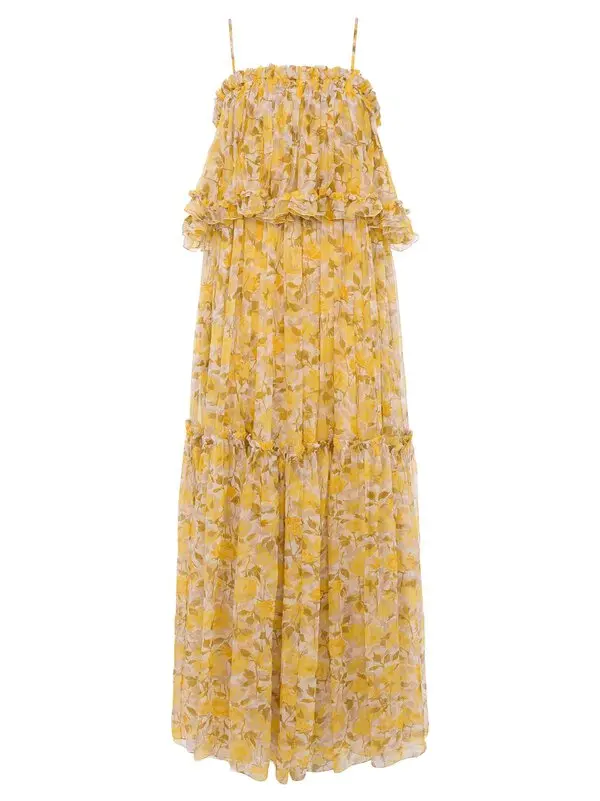 Chloé Long Dress In Mousseline - White - Yellow