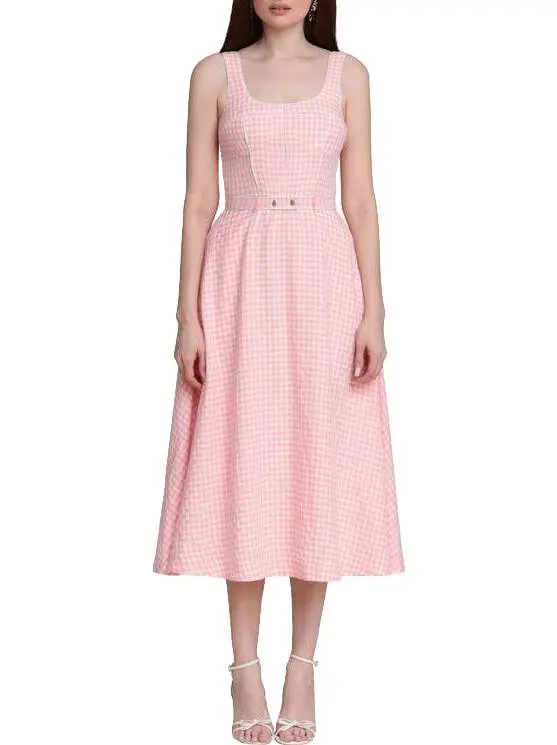 Avec Les Filles Gingham Midi Dress With Bustier Bodice - Pink - White Gingham