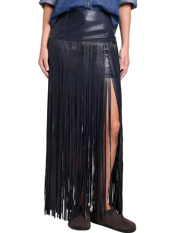 TWP Genuine Leather Fringe Skirt - Midnight
