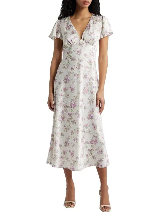 Lulus Floral Flutter Sleeve Maxi Dress - White/purple Floral