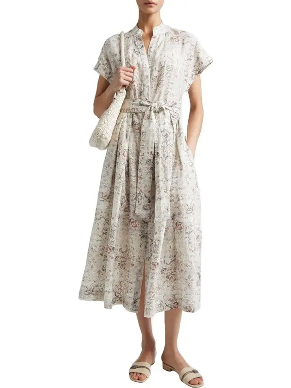 Eleventy Floral Linen Midi Shirtdress - Ivory/raspberry