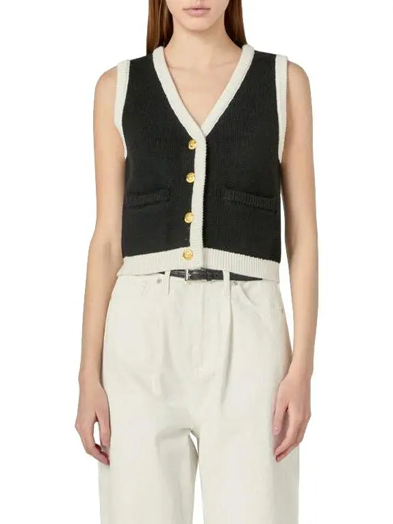 English Factory Contrast Trim Crop Vest - Black/white