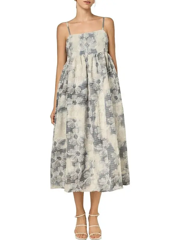 English Factory Floral Embroidery Sleeveless Midi Dress - Blue/off White