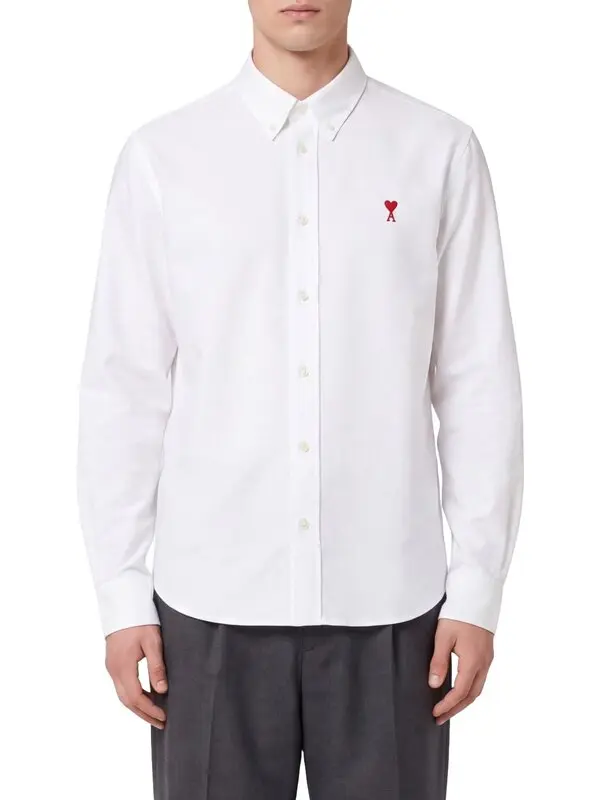 AMI Paris Button-down Cotton Shirt With Contrasting Embroidered Logo - Natural