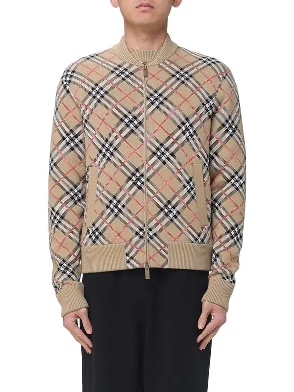 Burberry Cotton Blend Cardigan With Vintage Check Motif - Sand