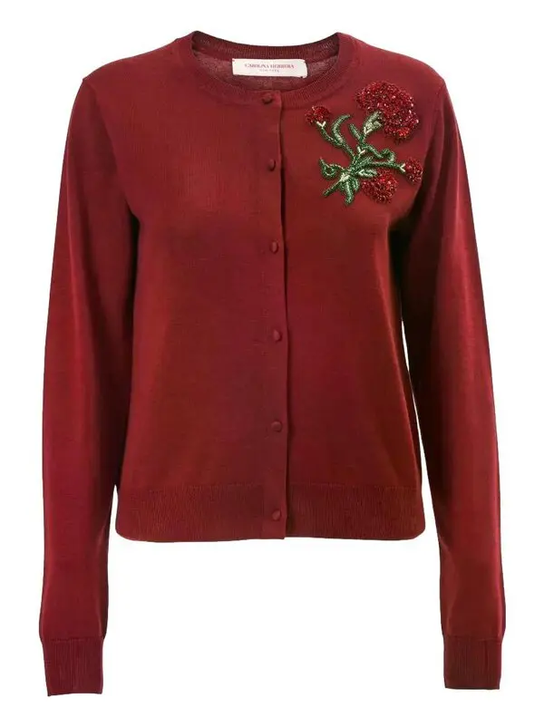 Carolina Herrera Crystal-embroidered Rose Cardigan - Red