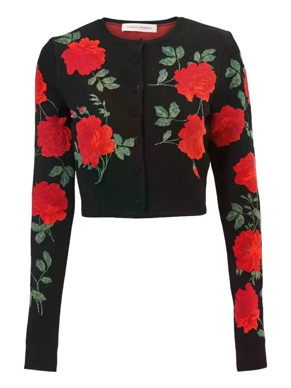 Carolina Herrera Rose Jacquard Cropped Cardigan - Black