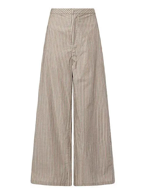 THE COUTURE CLUB Striped Wide-leg Cotton Trousers - Khaki