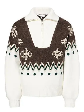THE COUTURE CLUB Fair Isle Quarter-zip Knitted Jumper - Beige