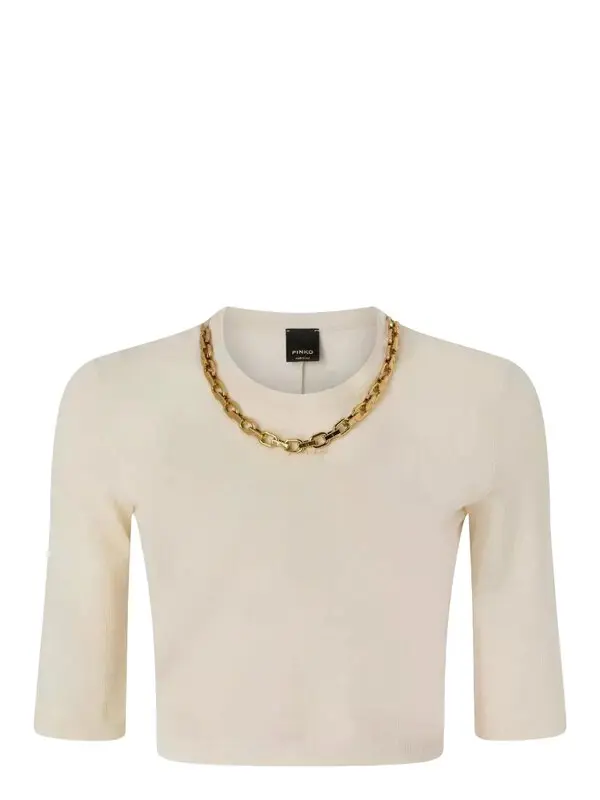 Pinko Cropped T-shirt With Chain Detail - Neutrals