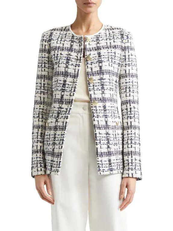 St. John Amara St. Tropez Plaid Tweed Jacket - Ecru/bright White/black Multi