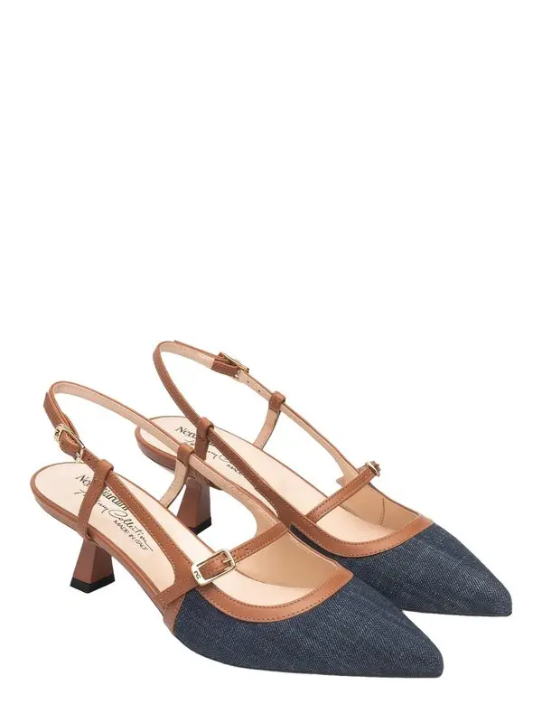 NEROGIARDINI Slingback Pointed Toe Pumps - Blue Jeans/cognac