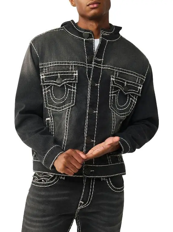 True Religion Super T Hooded Denim Jacket - Smog Overdye Black Wash