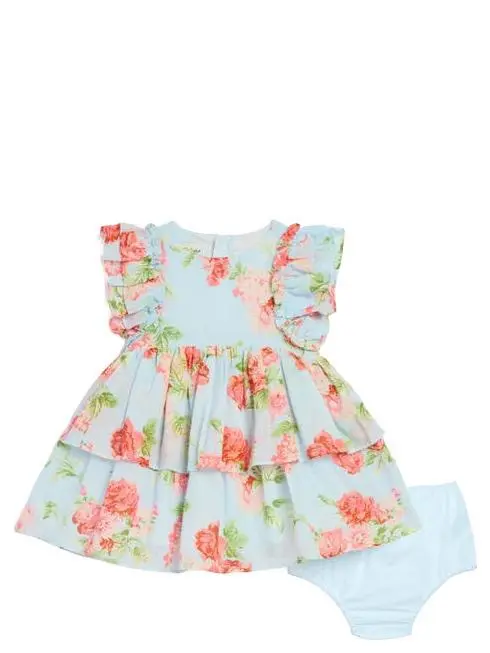PIPPA & JULIE Rose Print Dress & Bloomers Set - Light Blue