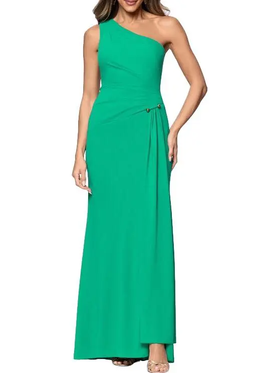 XSCAPE EVENINGS Caroline Matte Jersey One-shoulder Gown - Emerald