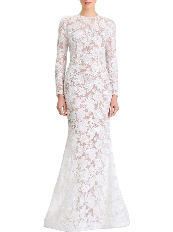 NADINE MERABI Sasha Embroidered Sequin Gown - White