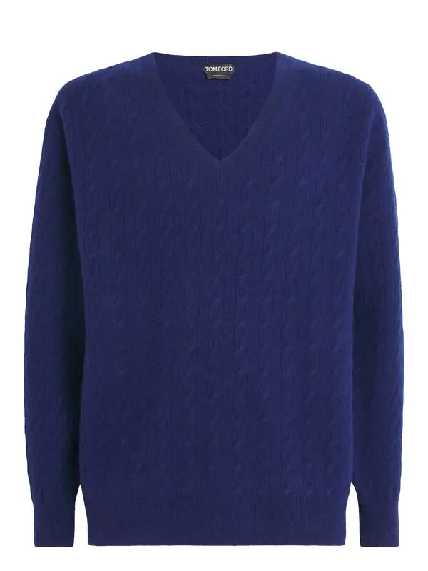 TOM FORD Wool Cable-knit V-neck Sweater - Blue