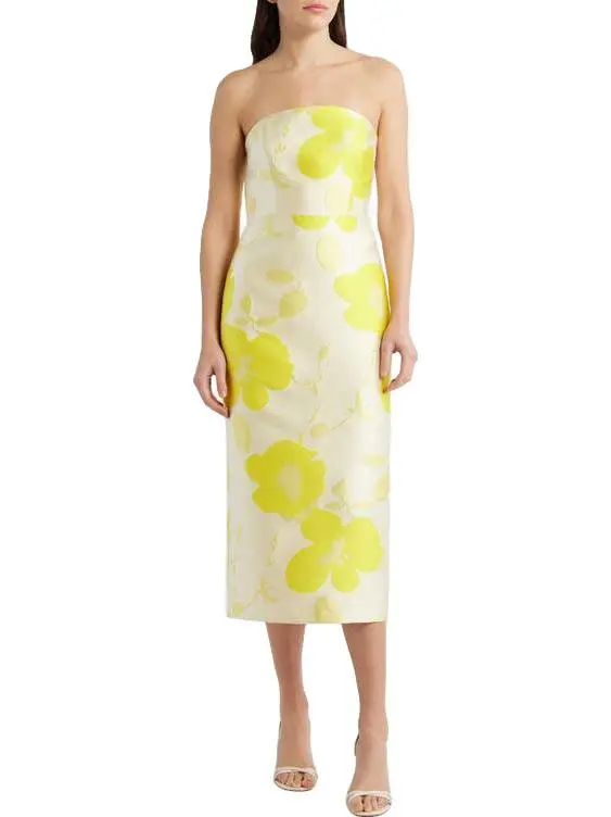 Sam Edelman Floral Strapless Jacquard Midi Dress - Lemon