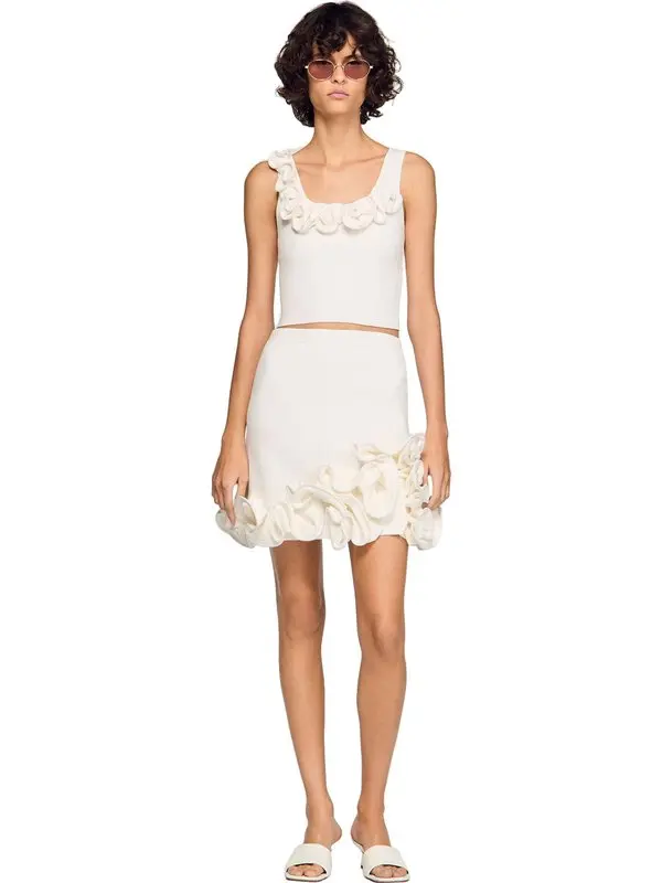 Sandro Mini Floral Knit Flared Skirt - White