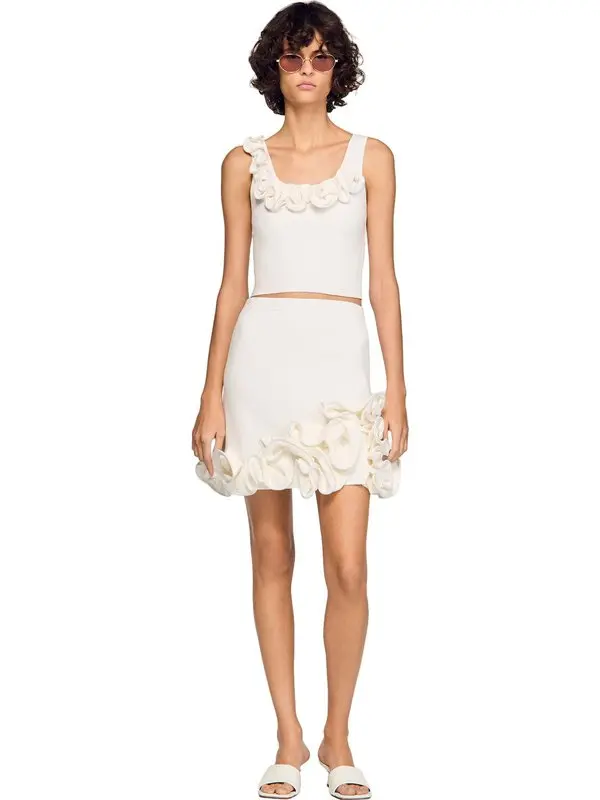 Sandro Mini Floral Knit Flared Skirt - White