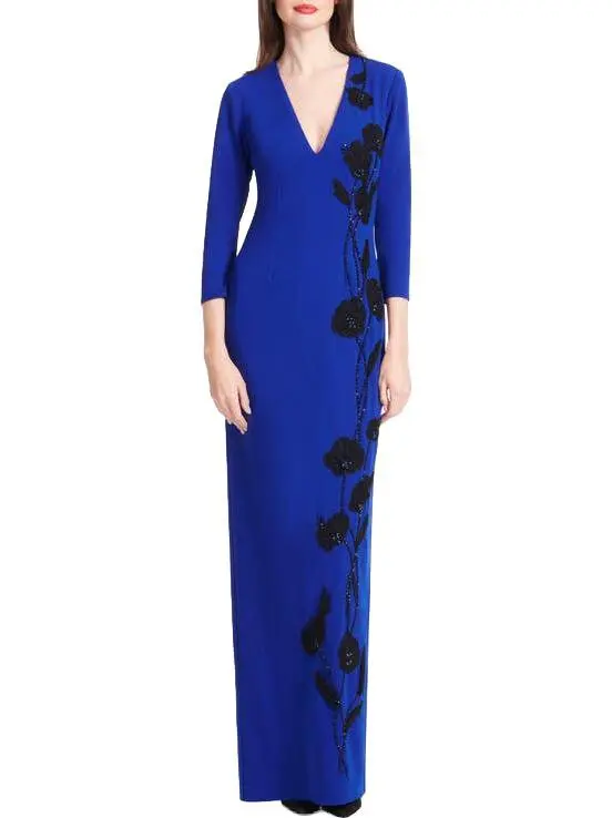 EMILY SHALANT Beaded Stretch Crepe Gown - Royal