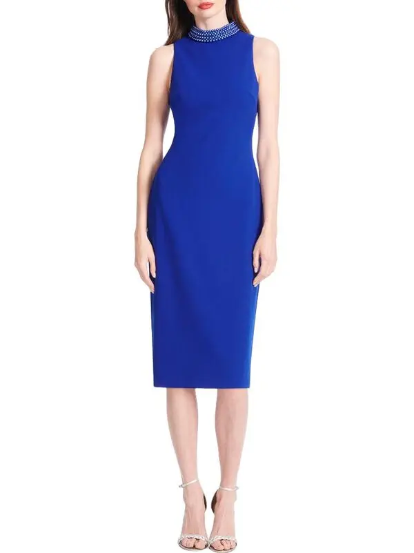 EMILY SHALANT Stretch Crepe Mock Neck Sheath Dress - Royal